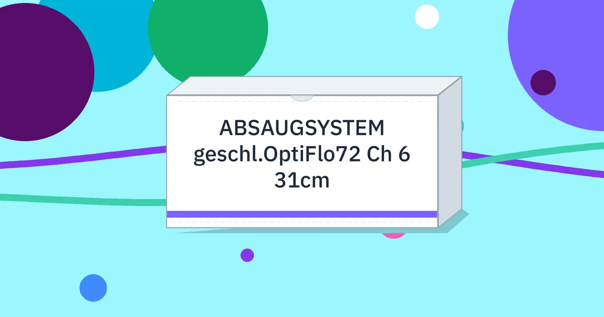 Symbolbild: Packung mit der Aufschrift ABSAUGSYSTEM geschl.OptiFlo72 Ch 6 31cm (PZN 04713843) – Verfügbarkeit und Bezug in Apotheken in Frankfurt am Main