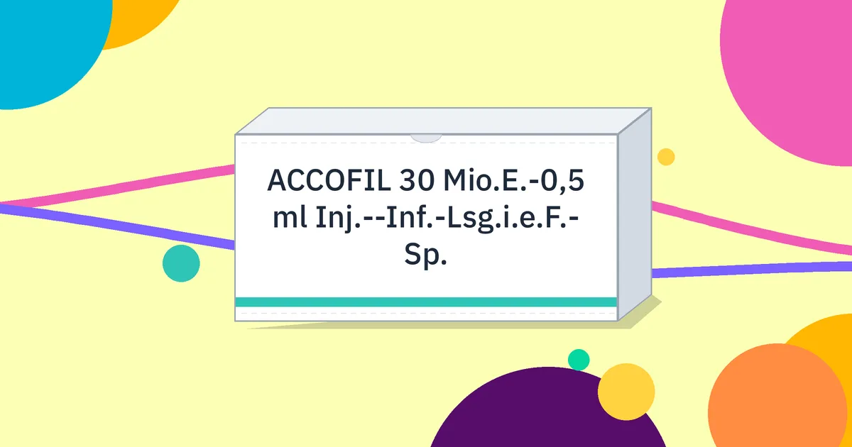 Symbolbild: Packung mit der Aufschrift ACCOFIL 30 Mio.E.-0,5 ml Inj.--Inf.-Lsg.i.e.F.-Sp. (PZN 17524144) – Verfügbarkeit und Bezug in Apotheken in Frankfurt am Main