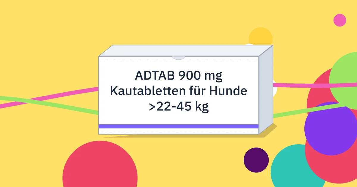 Symbolbild: Packung mit der Aufschrift ADTAB 900 mg Kautabletten für Hunde >22-45 kg (PZN 18752692) – Verfügbarkeit und Bezug in Apotheken in Frankfurt am Main