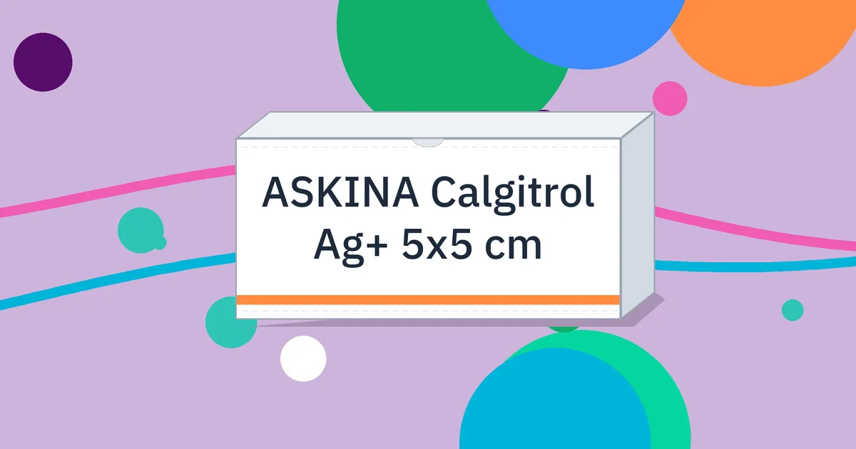Symbolbild: Packung mit der Aufschrift ASKINA Calgitrol Ag+ 5x5 cm (PZN 18707332) – Verfügbarkeit und Bezug in Apotheken in Frankfurt am Main