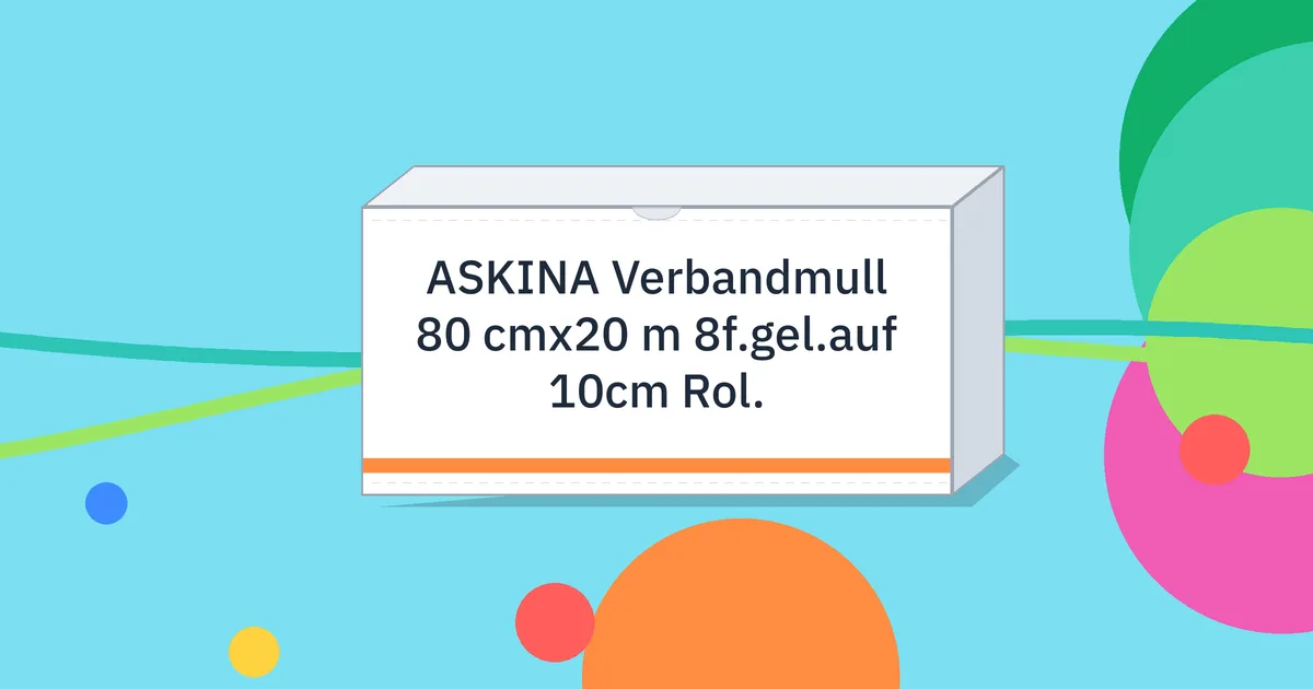 Symbolbild: Packung mit der Aufschrift ASKINA Verbandmull 80 cmx20 m 8f.gel.auf 10cm Rol. (PZN 12736568) – Verfügbarkeit und Bezug in Apotheken in Frankfurt am Main