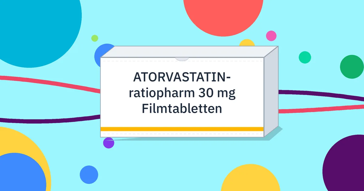 Symbolbild: Packung mit der Aufschrift ATORVASTATIN-ratiopharm 30 mg Filmtabletten (PZN 09292866) – Verfügbarkeit und Bezug in Apotheken in Frankfurt am Main