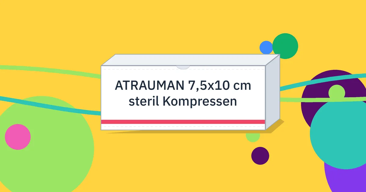 Symbolbild: Packung mit der Aufschrift ATRAUMAN 7,5x10 cm steril Kompressen (PZN 13359814) – Verfügbarkeit und Bezug in Apotheken in Frankfurt am Main