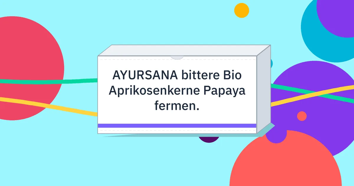 Symbolbild: Packung mit der Aufschrift AYURSANA bittere Bio Aprikosenkerne Papaya fermen. (PZN 17926523) – Verfügbarkeit und Bezug in Apotheken in Frankfurt am Main