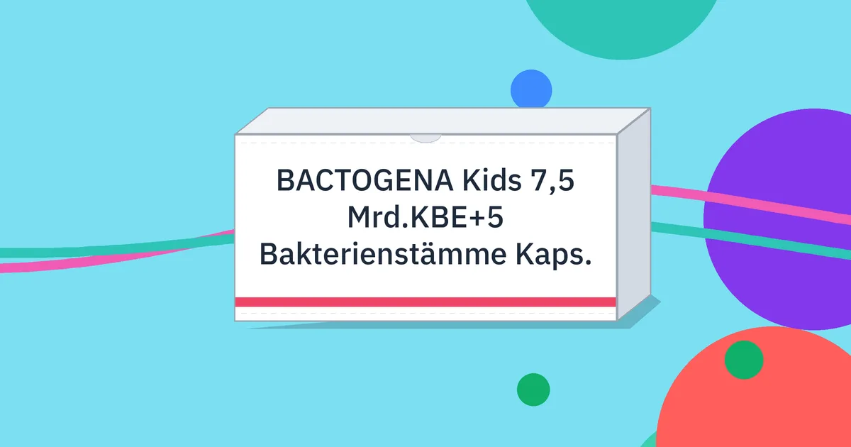 Symbolbild: Packung mit der Aufschrift BACTOGENA Kids 7,5 Mrd.KBE+5 Bakterienstämme Kaps. (PZN 20603887) – Verfügbarkeit und Bezug in Apotheken in Frankfurt am Main