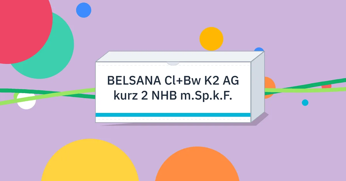 Symbolbild: Packung mit der Aufschrift BELSANA Cl+Bw K2 AG kurz 2 NHB m.Sp.k.F. (PZN 15627029) – Verfügbarkeit und Bezug in Apotheken in Frankfurt am Main
