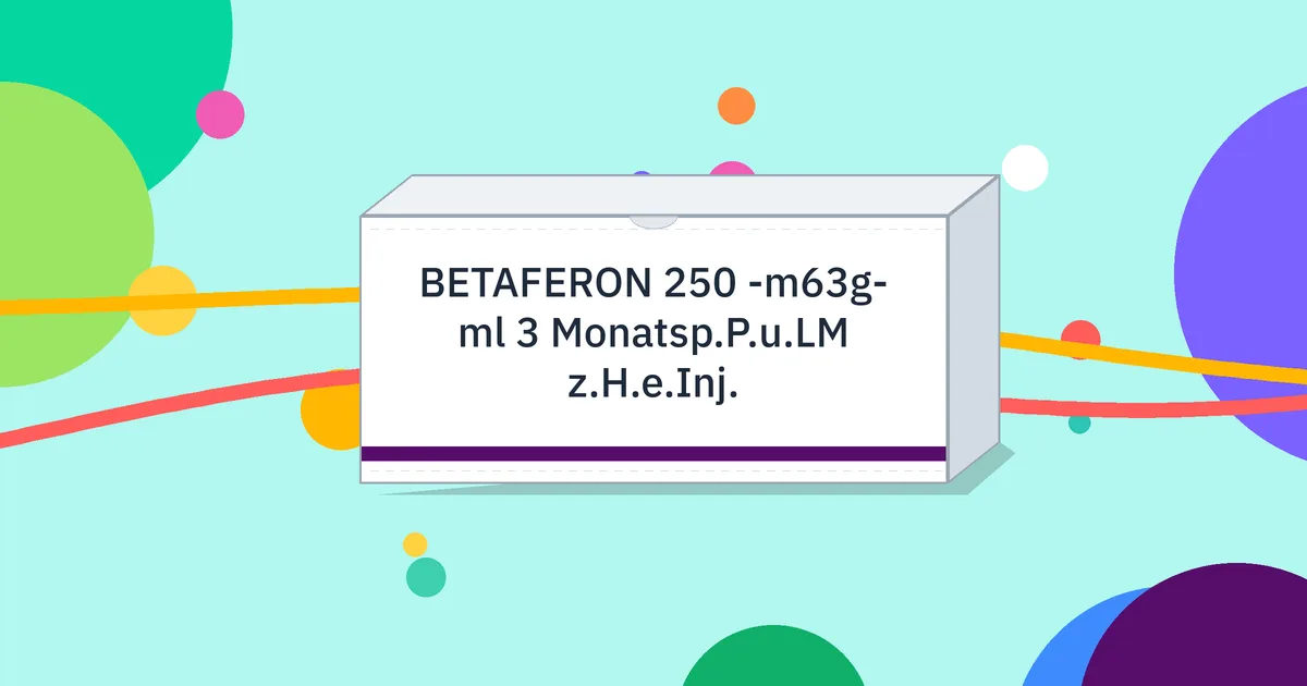 Symbolbild: Packung mit der Aufschrift BETAFERON 250 -m63g-ml 3 Monatsp.P.u.LM z.H.e.Inj. (PZN 05502539) – Verfügbarkeit und Bezug in Apotheken in Frankfurt am Main