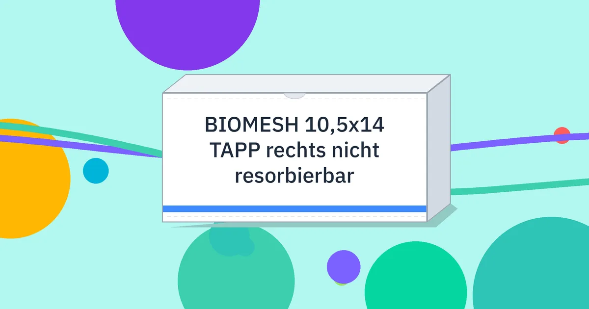 Symbolbild: Packung mit der Aufschrift BIOMESH 10,5x14 TAPP rechts nicht resorbierbar (PZN 19504714) – Verfügbarkeit und Bezug in Apotheken in Frankfurt am Main
