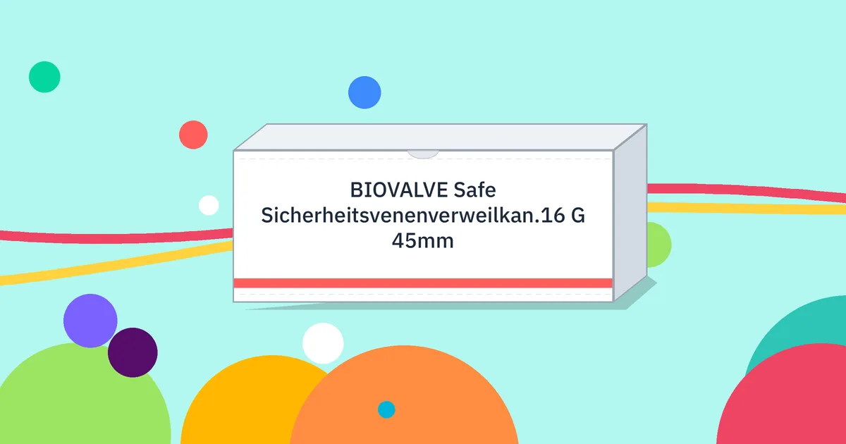 Symbolbild: Packung mit der Aufschrift BIOVALVE Safe Sicherheitsvenenverweilkan.16 G 45mm (PZN 09646896) – Verfügbarkeit und Bezug in Apotheken in Frankfurt am Main