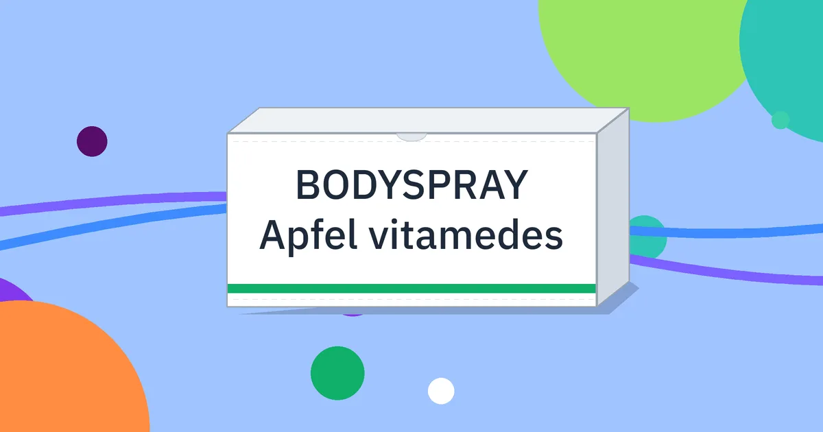 Symbolbild: Packung mit der Aufschrift BODYSPRAY Apfel vitamedes (PZN 19943313) – Verfügbarkeit und Bezug in Apotheken in Frankfurt am Main