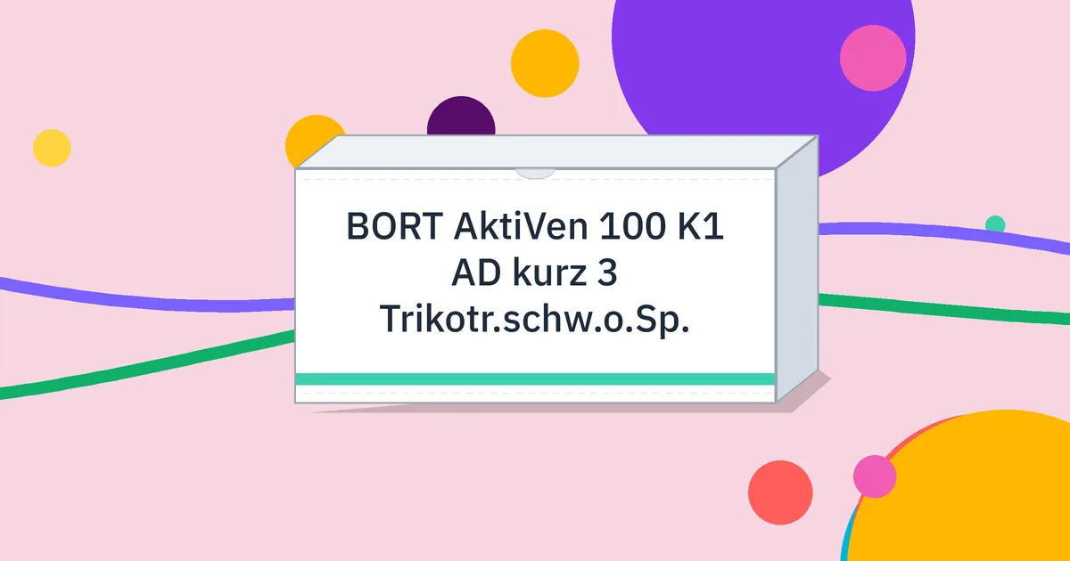 Symbolbild: Packung mit der Aufschrift BORT AktiVen 100 K1 AD kurz 3 Trikotr.schw.o.Sp. (PZN 14386960) – Verfügbarkeit und Bezug in Apotheken in Frankfurt am Main
