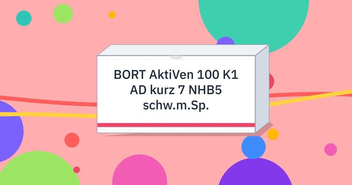 Symbolbild: Packung mit der Aufschrift BORT AktiVen 100 K1 AD kurz 7 NHB5 schw.m.Sp. (PZN 17497507) – Verfügbarkeit und Bezug in Apotheken in Frankfurt am Main