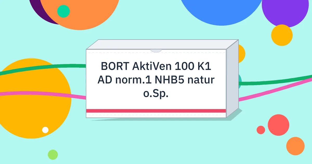Symbolbild: Packung mit der Aufschrift BORT AktiVen 100 K1 AD norm.1 NHB5 natur o.Sp. (PZN 17493432) – Verfügbarkeit und Bezug in Apotheken in Frankfurt am Main