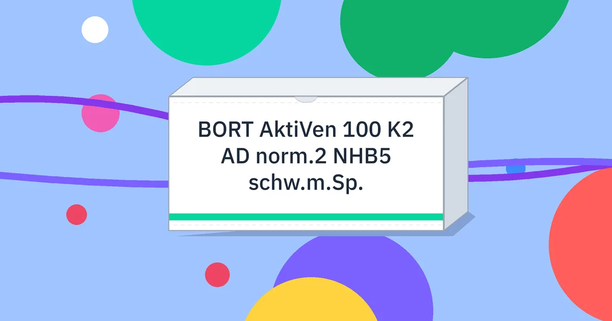 Symbolbild: Packung mit der Aufschrift BORT AktiVen 100 K2 AD norm.2 NHB5 schw.m.Sp. (PZN 17497045) – Verfügbarkeit und Bezug in Apotheken in Frankfurt am Main