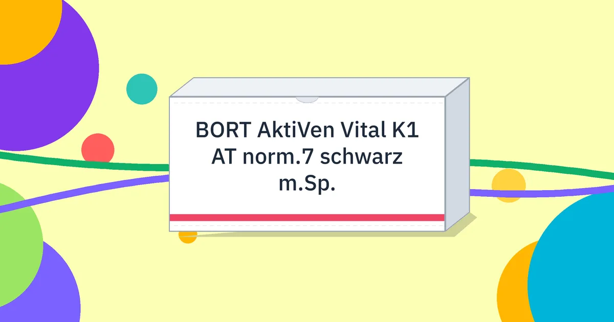 Symbolbild: Packung mit der Aufschrift BORT AktiVen Vital K1 AT norm.7 schwarz m.Sp. (PZN 13739876) – Verfügbarkeit und Bezug in Apotheken in Frankfurt am Main