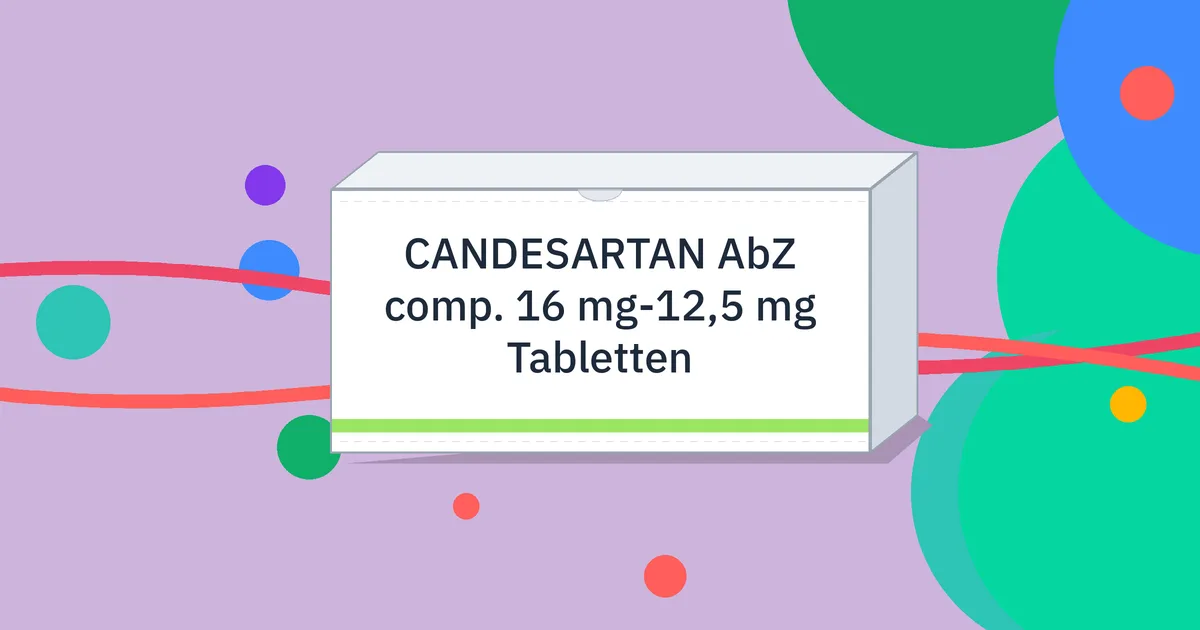 Symbolbild: Packung mit der Aufschrift CANDESARTAN AbZ comp. 16 mg-12,5 mg Tabletten (PZN 09123974) – Verfügbarkeit und Bezug in Apotheken in Frankfurt am Main