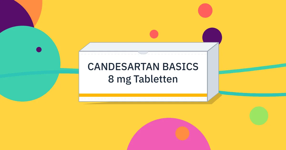 Symbolbild: Packung mit der Aufschrift CANDESARTAN BASICS 8 mg Tabletten (PZN 09482816) – Verfügbarkeit und Bezug in Apotheken in Frankfurt am Main