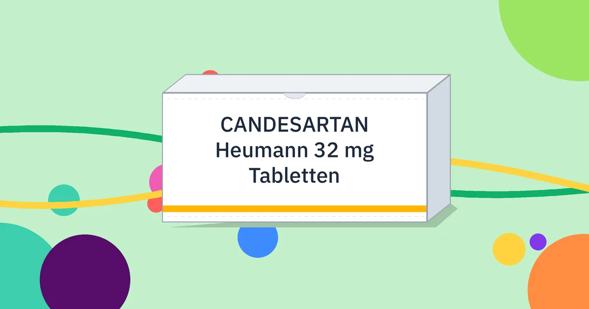 Symbolbild: Packung mit der Aufschrift CANDESARTAN Heumann 32 mg Tabletten (PZN 15864686) – Verfügbarkeit und Bezug in Apotheken in Frankfurt am Main