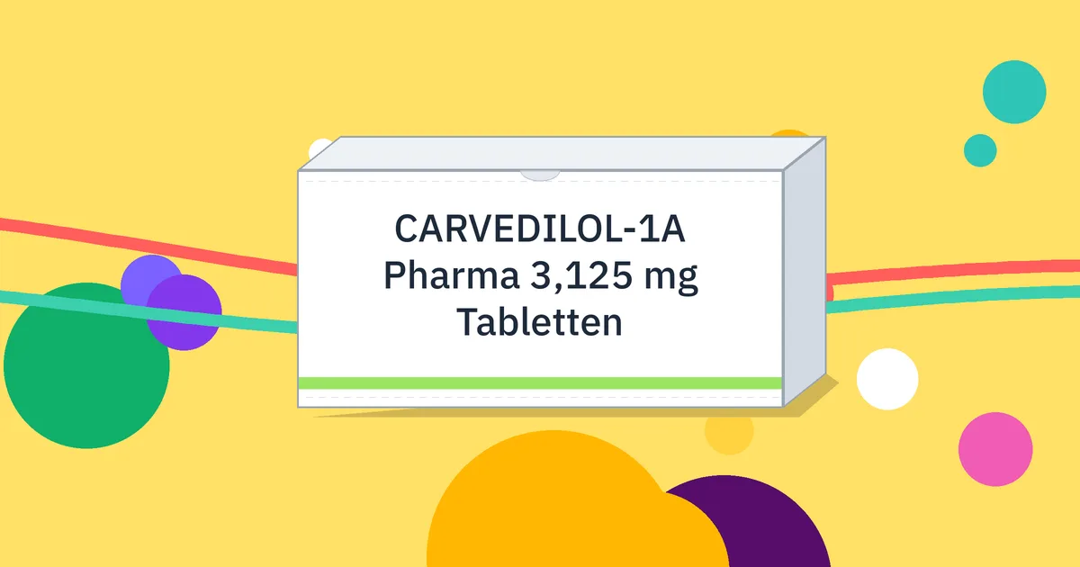 Symbolbild: Packung mit der Aufschrift CARVEDILOL-1A Pharma 3,125 mg Tabletten (PZN 00818864) – Verfügbarkeit und Bezug in Apotheken in Frankfurt am Main