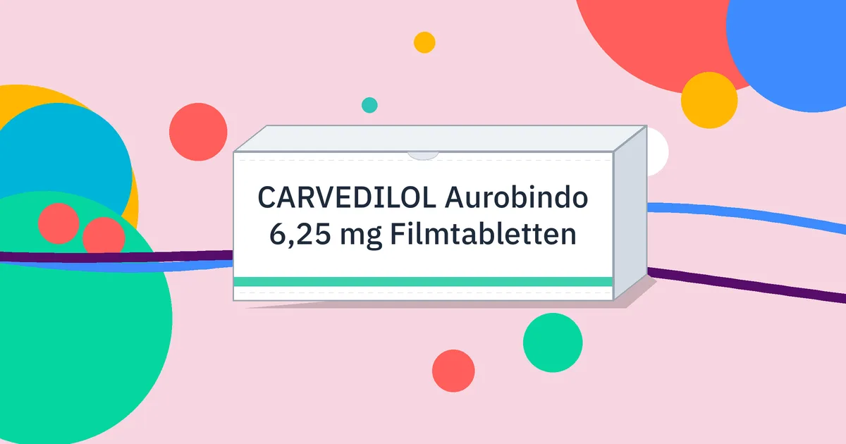 Symbolbild: Packung mit der Aufschrift CARVEDILOL Aurobindo 6,25 mg Filmtabletten (PZN 02592134) – Verfügbarkeit und Bezug in Apotheken in Frankfurt am Main