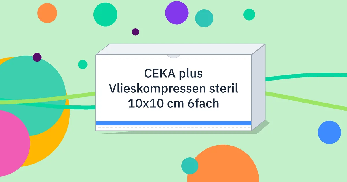 Symbolbild: Packung mit der Aufschrift CEKA plus Vlieskompressen steril 10x10 cm 6fach (PZN 20378551) – Verfügbarkeit und Bezug in Apotheken in Frankfurt am Main