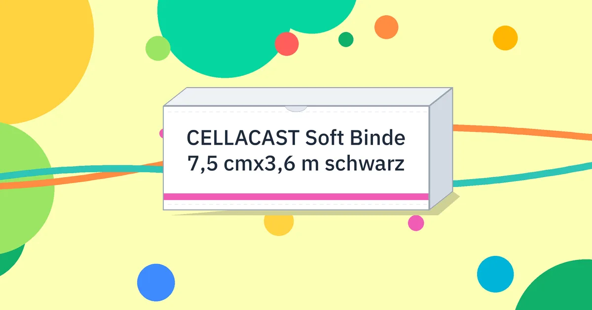 Symbolbild: Packung mit der Aufschrift CELLACAST Soft Binde 7,5 cmx3,6 m schwarz (PZN 14264607) – Verfügbarkeit und Bezug in Apotheken in Frankfurt am Main
