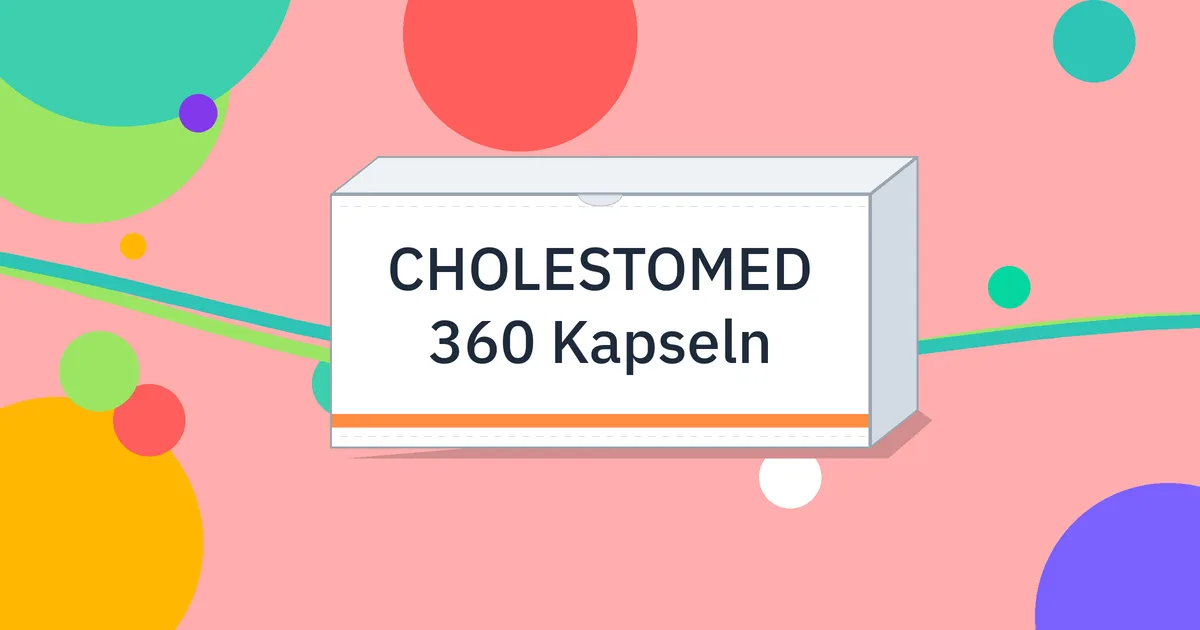 Symbolbild: Packung mit der Aufschrift CHOLESTOMED 360 Kapseln (PZN 18600976) – Verfügbarkeit und Bezug in Apotheken in Frankfurt am Main