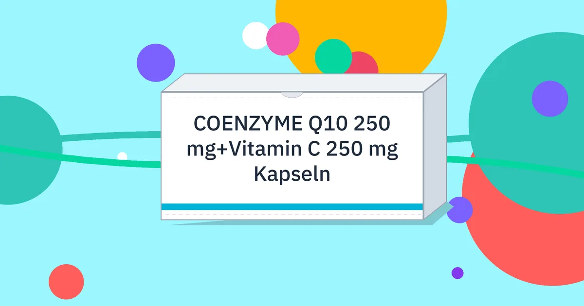 Symbolbild: Packung mit der Aufschrift COENZYME Q10 250 mg+Vitamin C 250 mg Kapseln (PZN 10189613) – Verfügbarkeit und Bezug in Apotheken in Frankfurt am Main