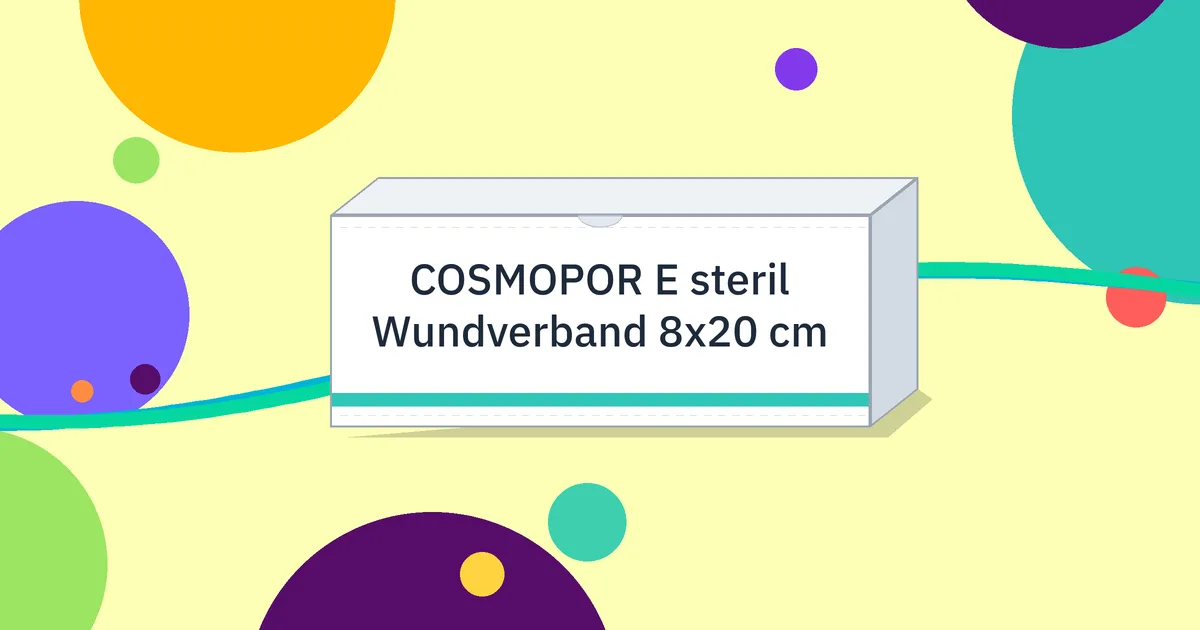 Symbolbild: Packung mit der Aufschrift COSMOPOR E steril Wundverband 8x20 cm (PZN 19214904) – Verfügbarkeit und Bezug in Apotheken in Frankfurt am Main