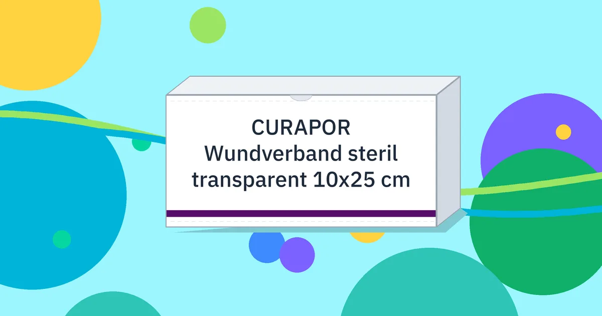 Symbolbild: Packung mit der Aufschrift CURAPOR Wundverband steril transparent 10x25 cm (PZN 19977660) – Verfügbarkeit und Bezug in Apotheken in Frankfurt am Main