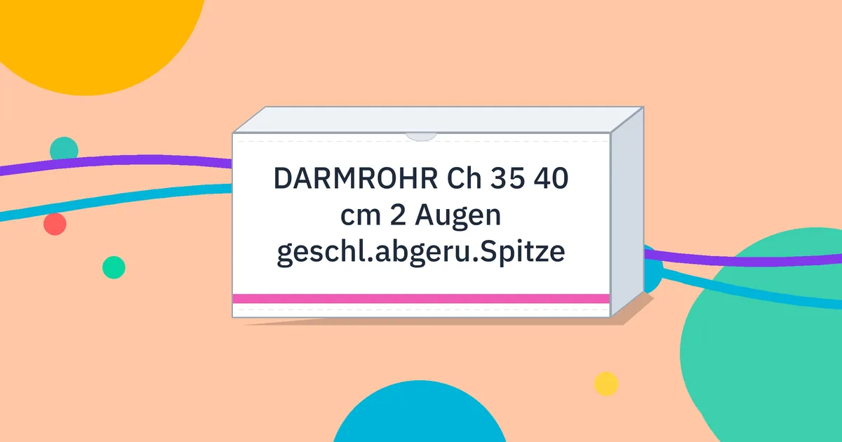 Symbolbild: Packung mit der Aufschrift DARMROHR Ch 35 40 cm 2 Augen geschl.abgeru.Spitze (PZN 10125671) – Verfügbarkeit und Bezug in Apotheken in Frankfurt am Main