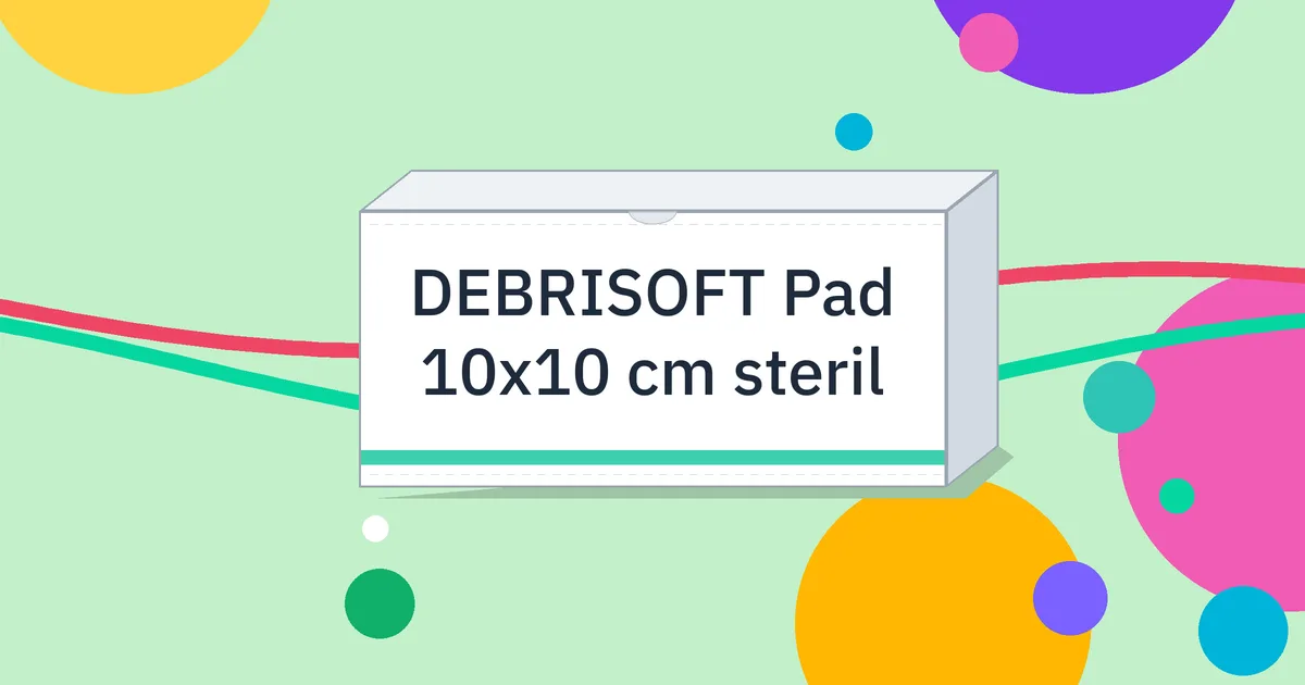 Symbolbild: Packung mit der Aufschrift DEBRISOFT Pad 10x10 cm steril (PZN 17507016) – Verfügbarkeit und Bezug in Apotheken in Frankfurt am Main