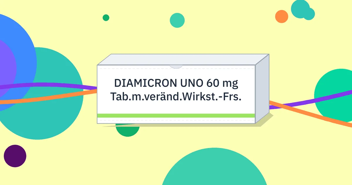 Symbolbild: Packung mit der Aufschrift DIAMICRON UNO 60 mg Tab.m.veränd.Wirkst.-Frs. (PZN 06488706) – Verfügbarkeit und Bezug in Apotheken in Frankfurt am Main