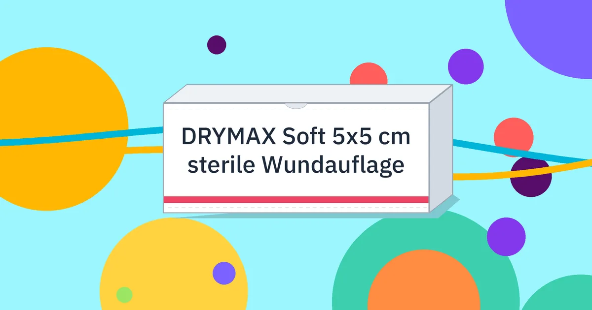 Symbolbild: Packung mit der Aufschrift DRYMAX Soft 5x5 cm sterile Wundauflage (PZN 19547445) – Verfügbarkeit und Bezug in Apotheken in Frankfurt am Main