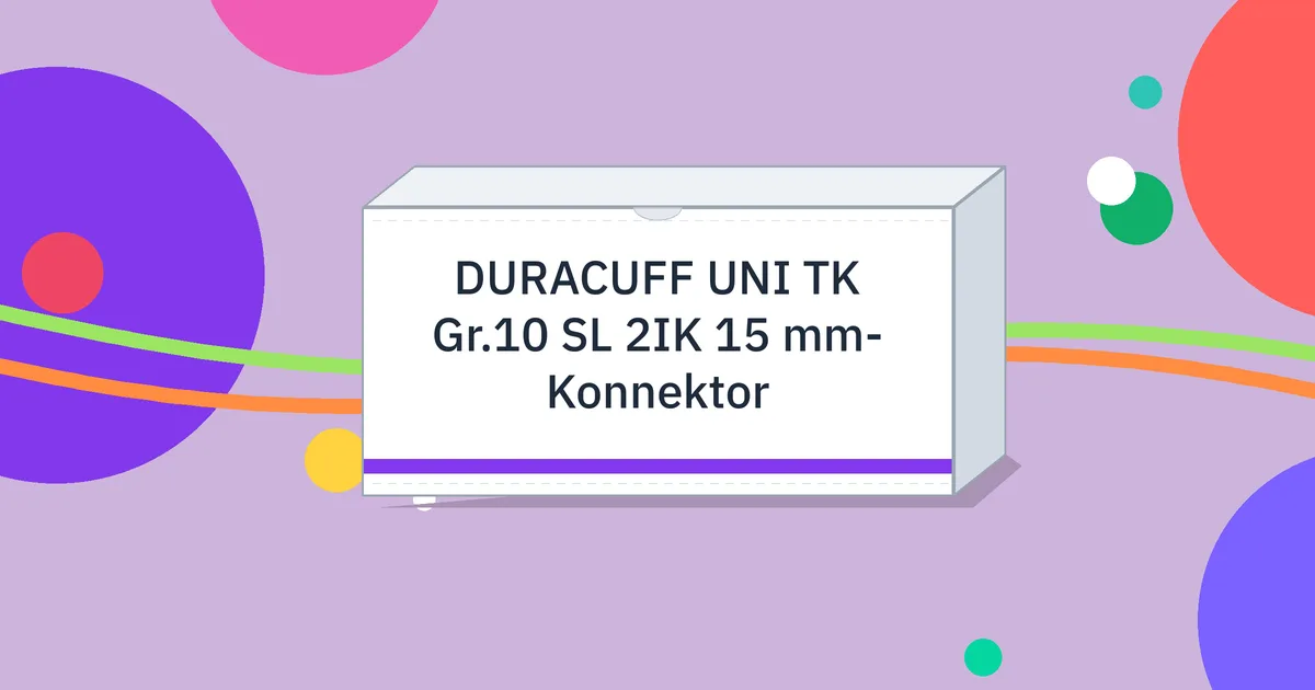 Symbolbild: Packung mit der Aufschrift DURACUFF UNI TK Gr.10 SL 2IK 15 mm-Konnektor (PZN 01222145) – Verfügbarkeit und Bezug in Apotheken in Frankfurt am Main