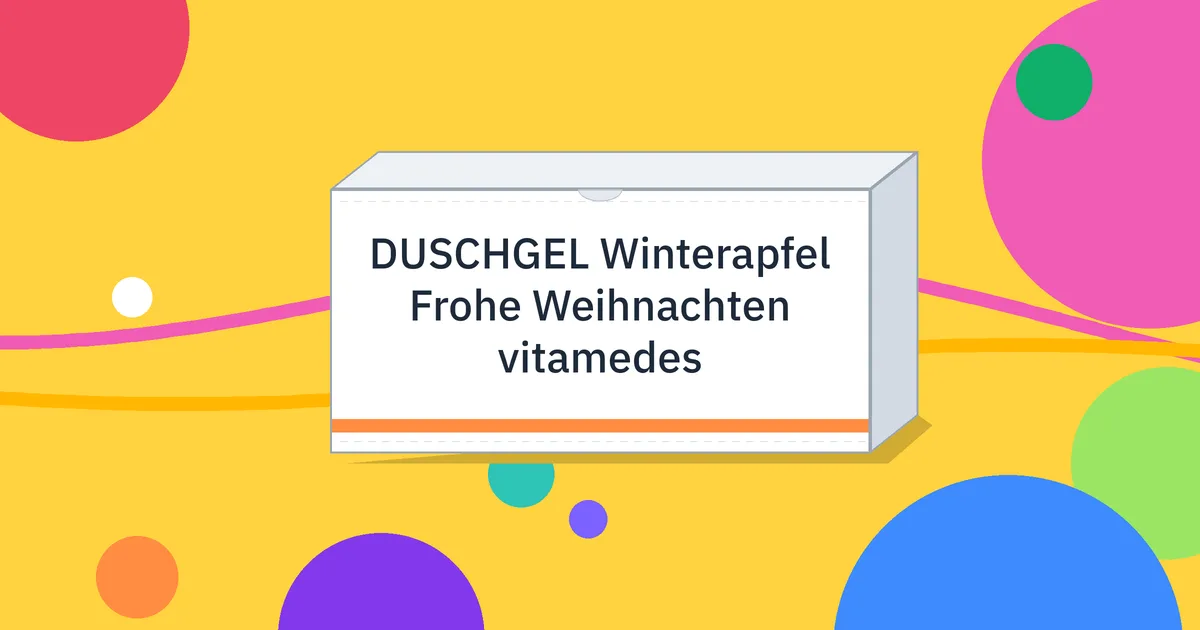 Symbolbild: Packung mit der Aufschrift DUSCHGEL Winterapfel Frohe Weihnachten vitamedes (PZN 20081101) – Verfügbarkeit und Bezug in Apotheken in Frankfurt am Main