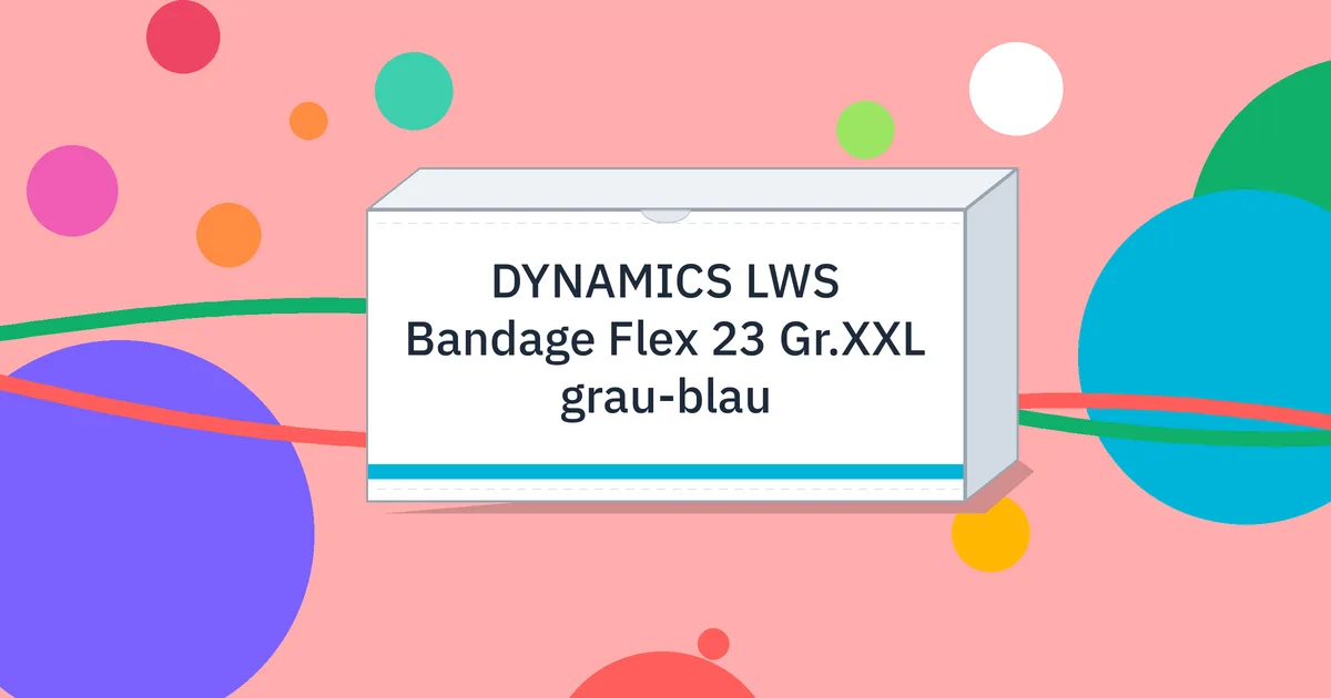 Symbolbild: Packung mit der Aufschrift DYNAMICS LWS Bandage Flex 23 Gr.XXL grau-blau (PZN 10634214) – Verfügbarkeit und Bezug in Apotheken in Frankfurt am Main
