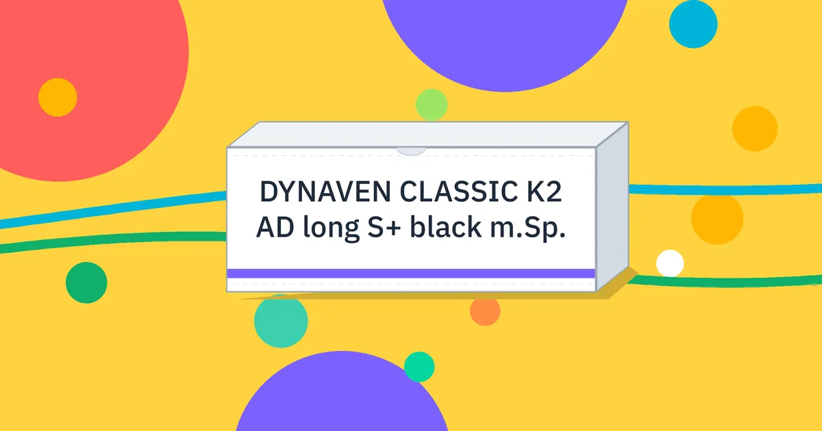 Symbolbild: Packung mit der Aufschrift DYNAVEN CLASSIC K2 AD long S+ black m.Sp. (PZN 18417723) – Verfügbarkeit und Bezug in Apotheken in Frankfurt am Main