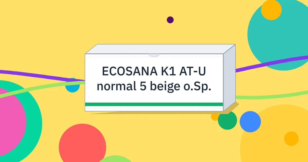 Symbolbild: Packung mit der Aufschrift ECOSANA K1 AT-U normal 5 beige o.Sp. (PZN 04734526) – Verfügbarkeit und Bezug in Apotheken in Frankfurt am Main