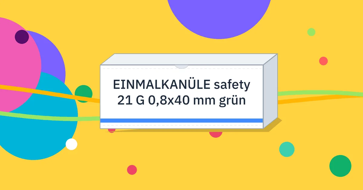 Symbolbild: Packung mit der Aufschrift EINMALKANÜLE safety 21 G 0,8x40 mm grün (PZN 18717632) – Verfügbarkeit und Bezug in Apotheken in Frankfurt am Main