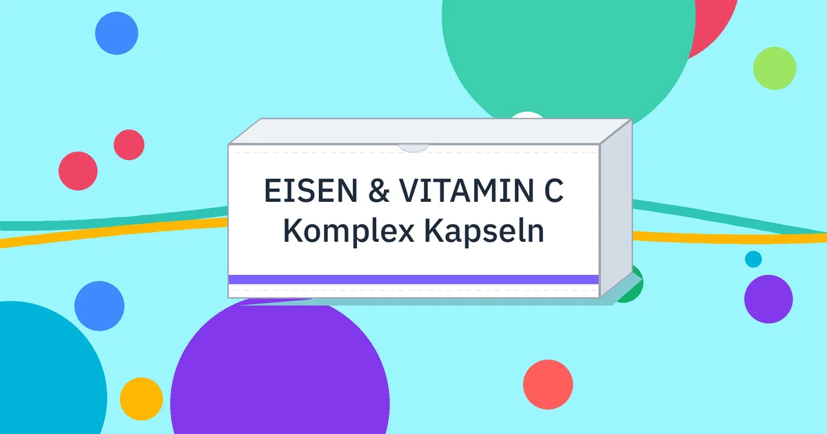 Symbolbild: Packung mit der Aufschrift EISEN & VITAMIN C Komplex Kapseln (PZN 12511929) – Verfügbarkeit und Bezug in Apotheken in Frankfurt am Main