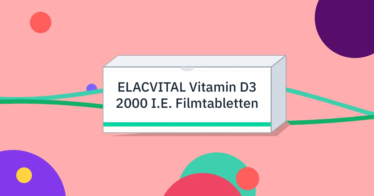 Symbolbild: Packung mit der Aufschrift ELACVITAL Vitamin D3 2000 I.E. Filmtabletten (PZN 19474887) – Verfügbarkeit und Bezug in Apotheken in Frankfurt am Main