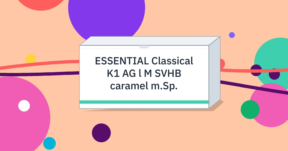 Symbolbild: Packung mit der Aufschrift ESSENTIAL Classical K1 AG l M SVHB caramel m.Sp. (PZN 18420665) – Verfügbarkeit und Bezug in Apotheken in Frankfurt am Main