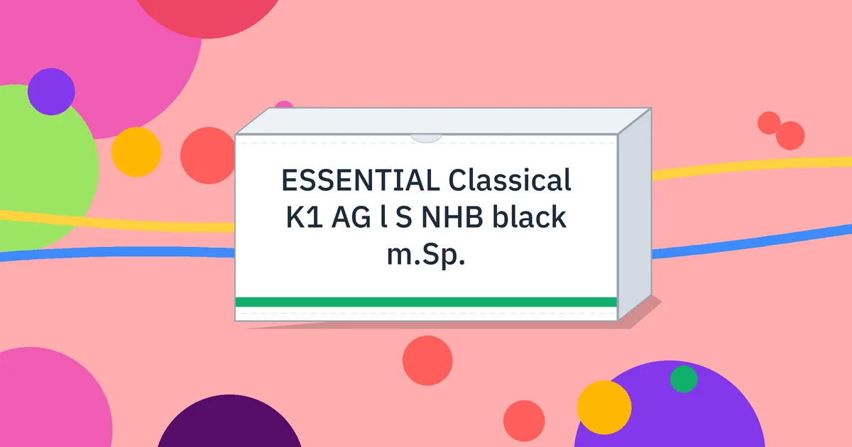 Symbolbild: Packung mit der Aufschrift ESSENTIAL Classical K1 AG l S NHB black m.Sp. (PZN 17002546) – Verfügbarkeit und Bezug in Apotheken in Frankfurt am Main
