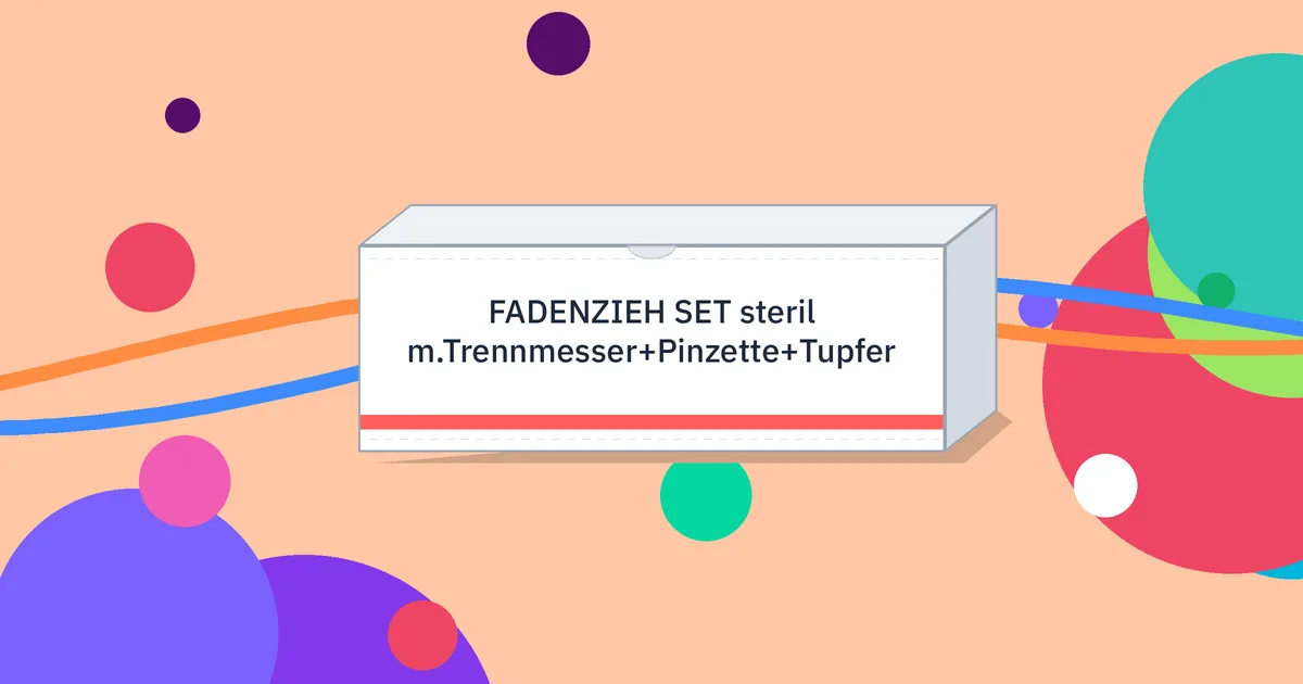 Symbolbild: Packung mit der Aufschrift FADENZIEH SET steril m.Trennmesser+Pinzette+Tupfer (PZN 04113669) – Verfügbarkeit und Bezug in Apotheken in Frankfurt am Main