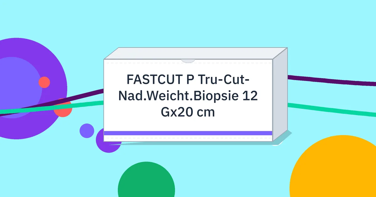 Symbolbild: Packung mit der Aufschrift FASTCUT P Tru-Cut-Nad.Weicht.Biopsie 12 Gx20 cm (PZN 19734710) – Verfügbarkeit und Bezug in Apotheken in Frankfurt am Main