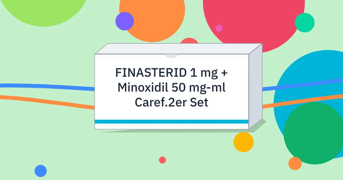 Symbolbild: Packung mit der Aufschrift FINASTERID 1 mg + Minoxidil 50 mg-ml Caref.2er Set (PZN 19979707) – Verfügbarkeit und Bezug in Apotheken in Frankfurt am Main