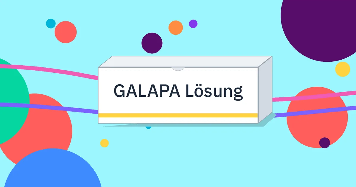 Symbolbild: Packung mit der Aufschrift GALAPA Lösung (PZN 04976028) – Verfügbarkeit und Bezug in Apotheken in Frankfurt am Main