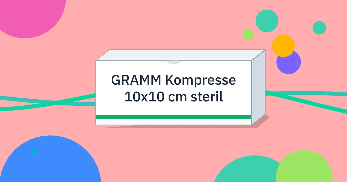Symbolbild: Packung mit der Aufschrift GRAMM Kompresse 10x10 cm steril (PZN 07355918) – Verfügbarkeit und Bezug in Apotheken in Frankfurt am Main