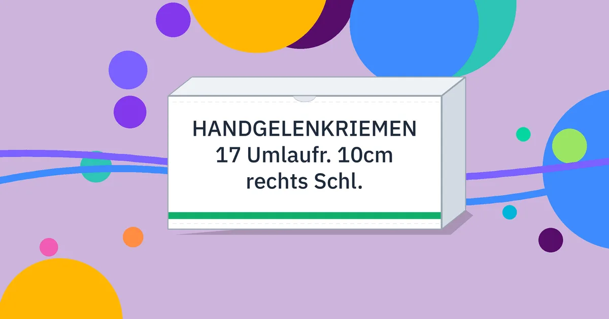 Symbolbild: Packung mit der Aufschrift HANDGELENKRIEMEN 17 Umlaufr. 10cm rechts Schl. (PZN 01962965) – Verfügbarkeit und Bezug in Apotheken in Frankfurt am Main